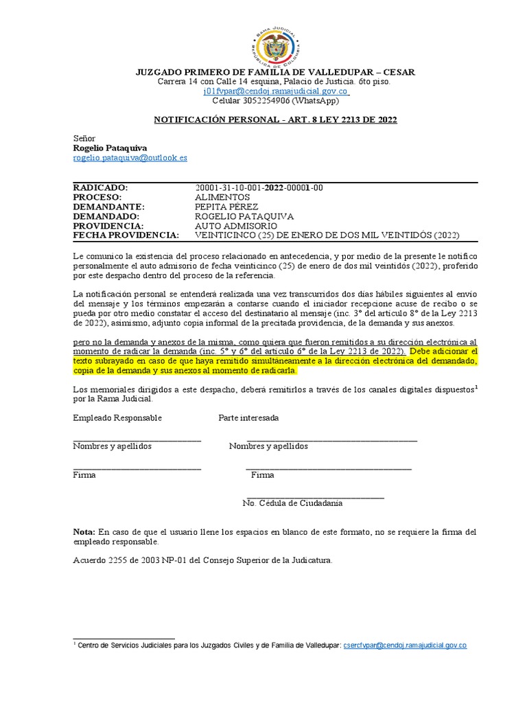 Formato Notificación Personal Ley 2213 | PDF