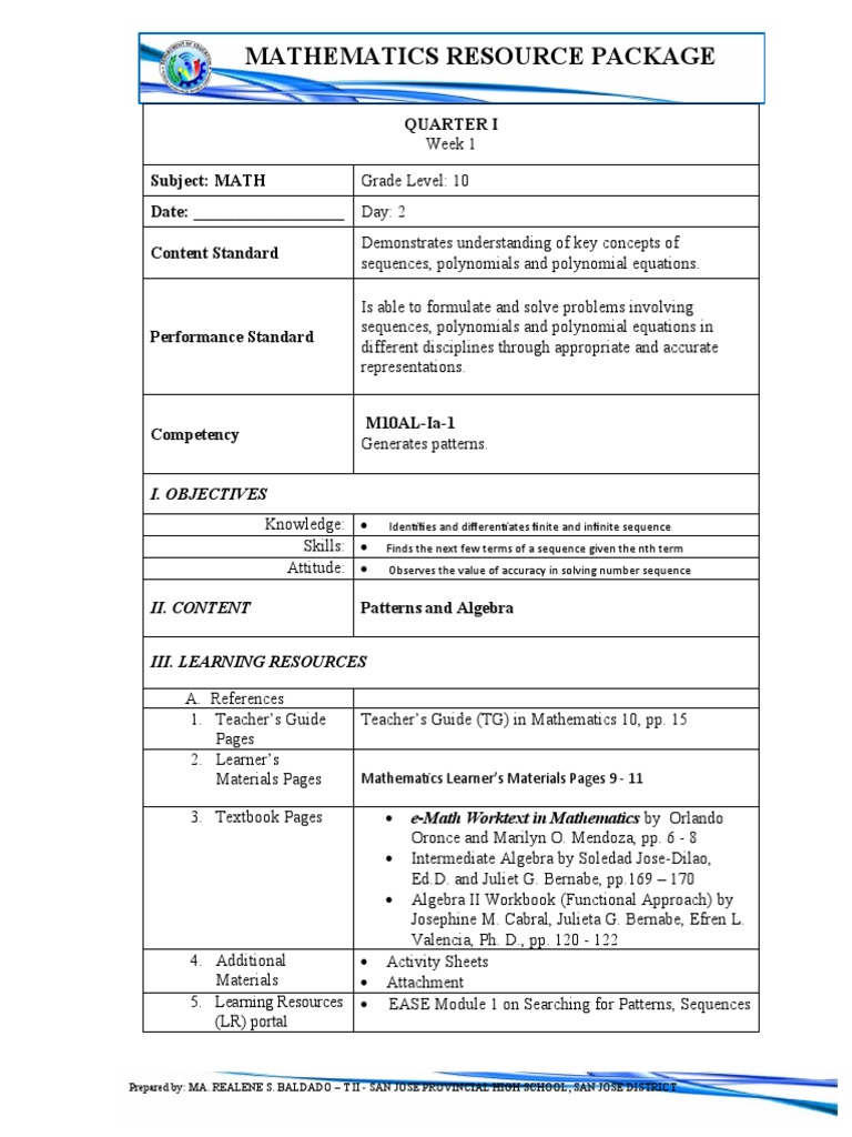 Mathematics Resource Package: Quarter I Subject: MATH Date: - Day: 2 ...