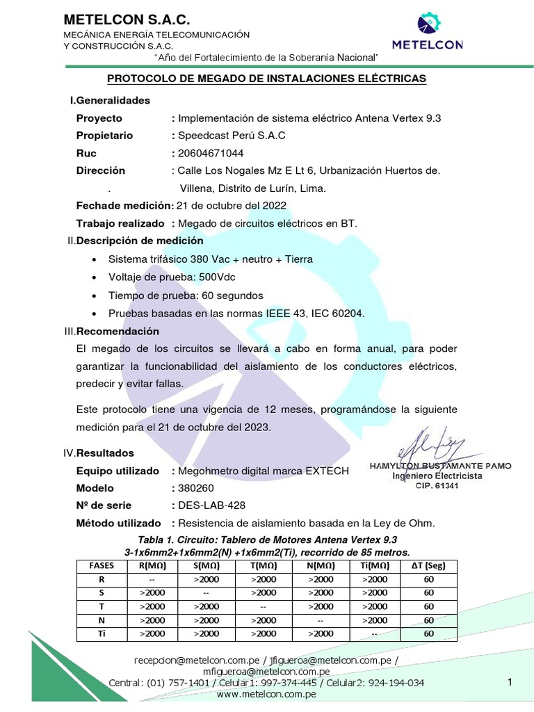 Protocolo de Megado de Instalaciones Eléctricas | PDF