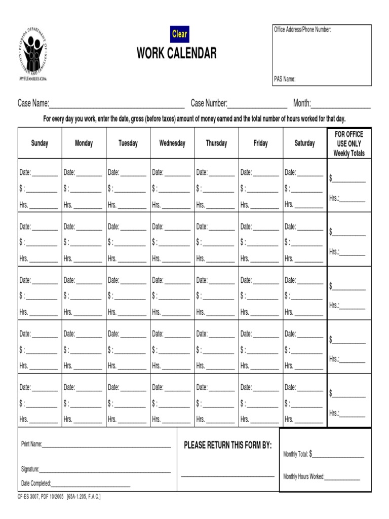 DCF Work Calendar Form CF-ES 3007 | PDF