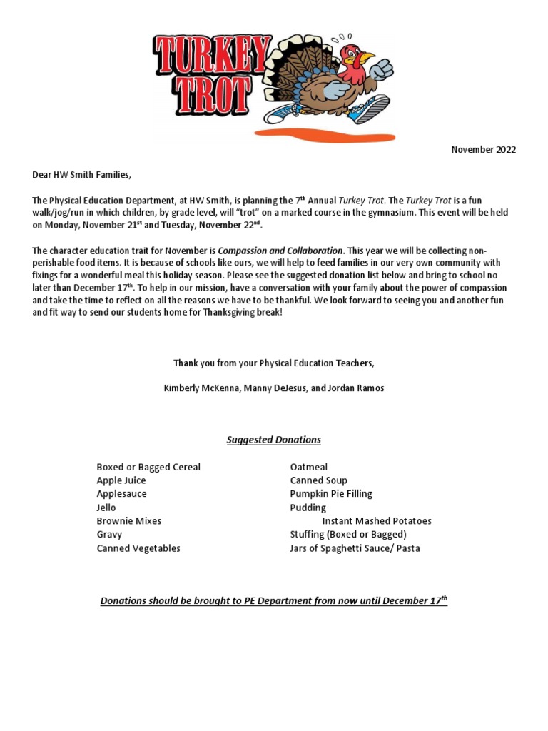 Turkey Trot Parent Letter 1 | PDF | North American Cuisine | Regional ...