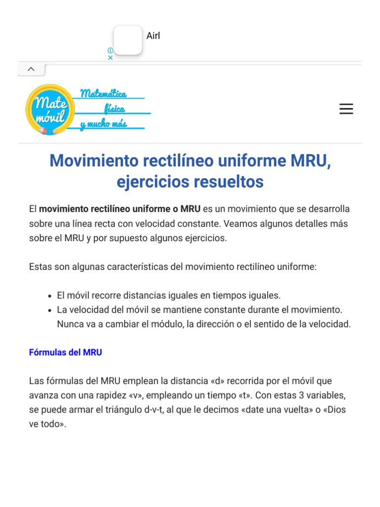 Movimiento Rectilíneo Uniforme MRU - Ejercicios Resueltos - Matemóvil | PDF | Velocidad | Velocidad