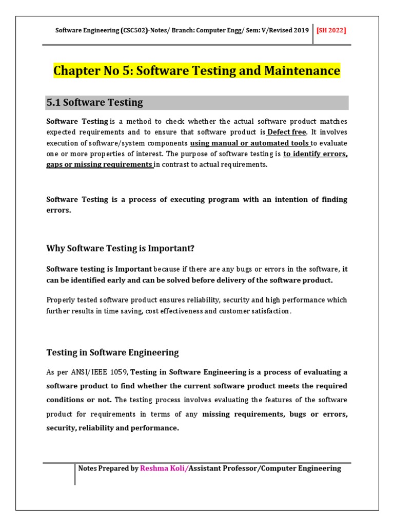 Chapter 5 Software Testing - Notes - Updated SH 22 | PDF