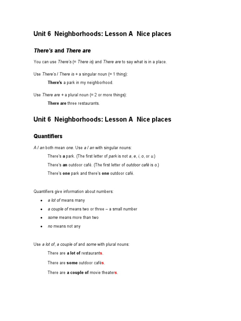 Grammar - Unit 6 - Neighborhoods | PDF | Grammatical Number | Noun
