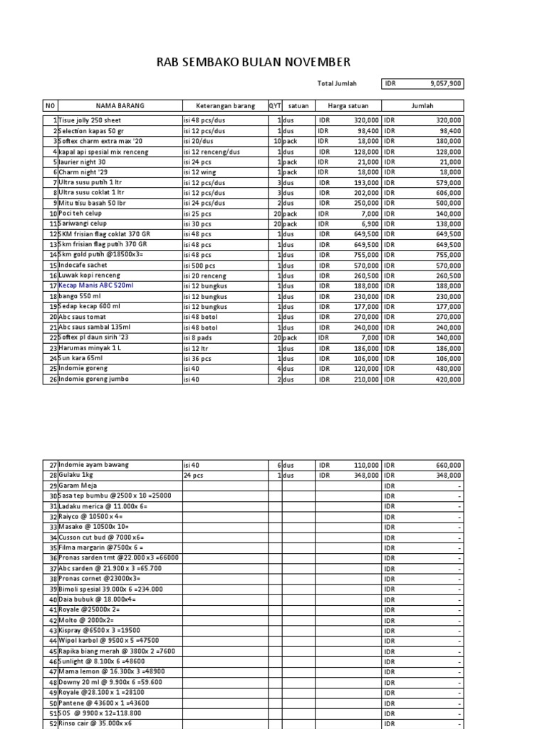 RAB Sembako | PDF | Indonesian Cuisine | Southeast Asian Cuisine