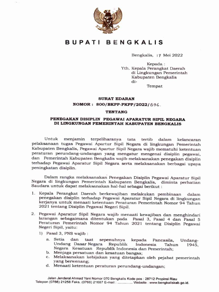 Surat Edaran Bupati Bengkalis Tentang Penegakan Disiplin ASN | PDF