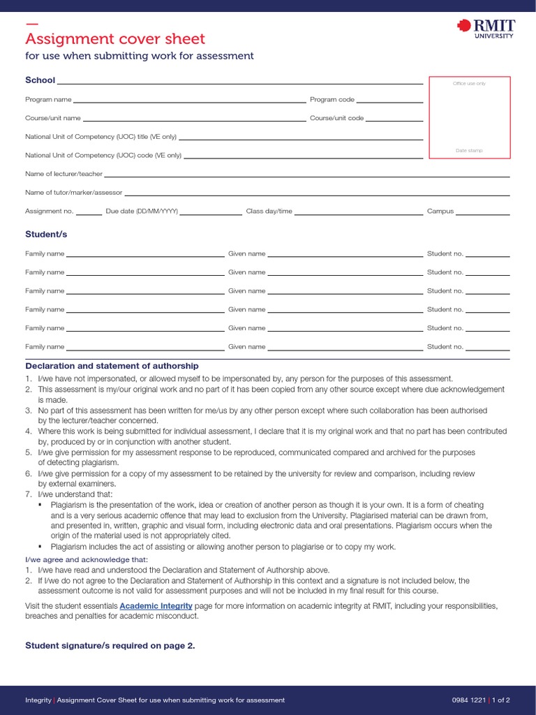 Assignment Cover Sheet | PDF | Plagiarism | Academic Integrity