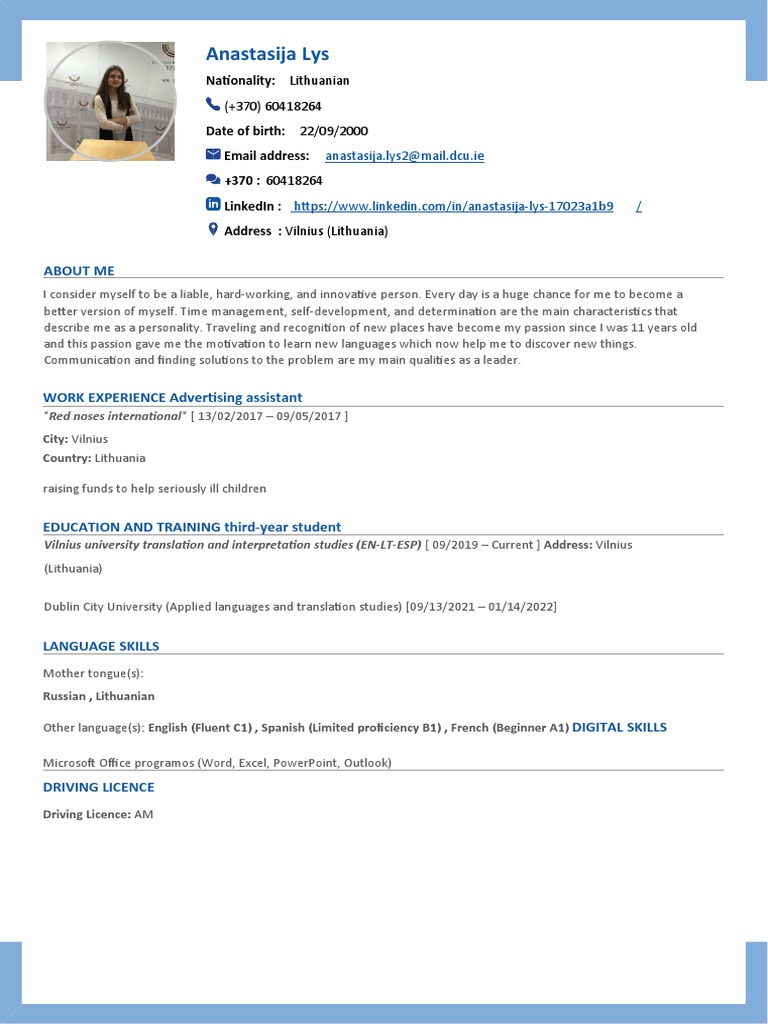 Anastasija-Lys CV | PDF | European Union | Lithuania