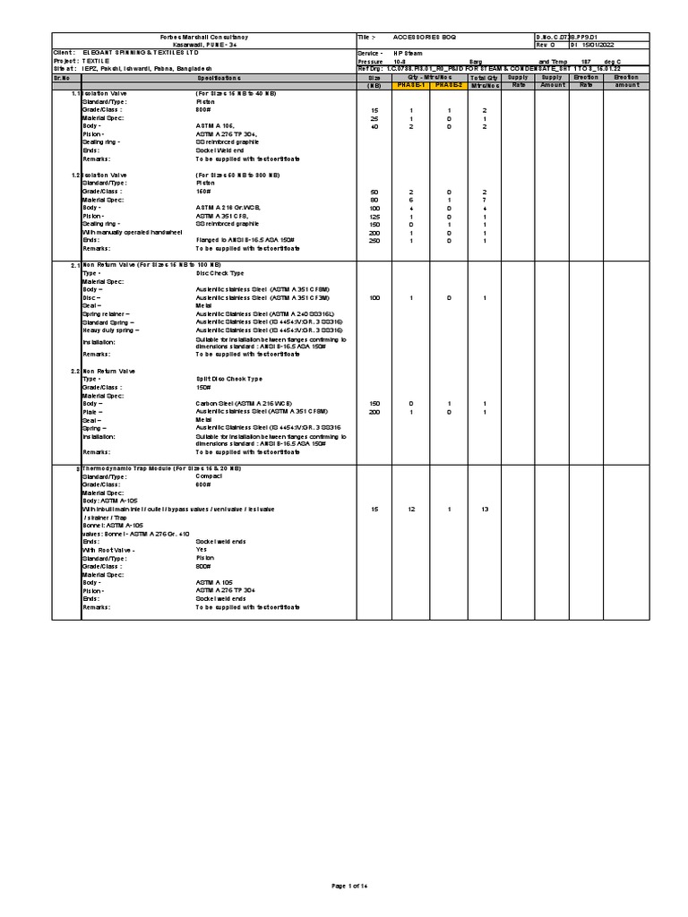 Accessories BOQ For HP, MP, LP Steam+Condensate | PDF | Valve | Boiler