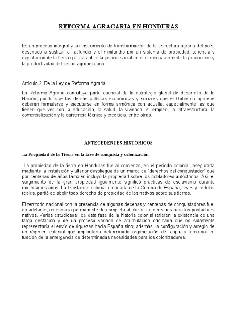 Historia de la Reforma Agraria en Honduras | PDF | Reforma agraria ...