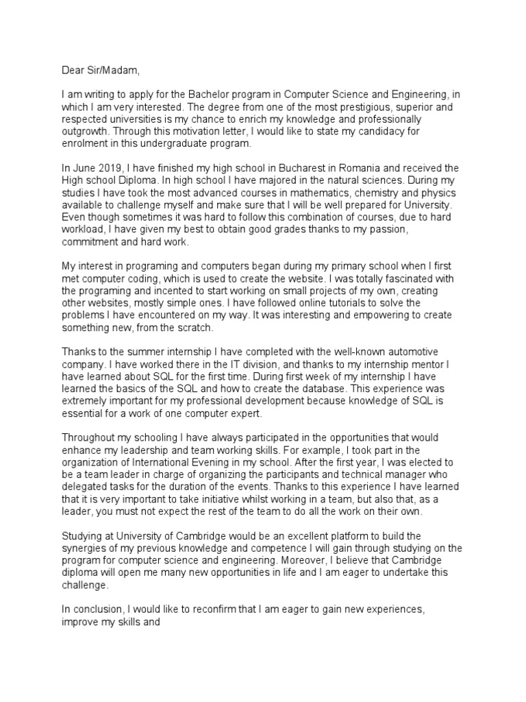 Letter of Application (Example) | PDF | Science | Bachelor's Degree