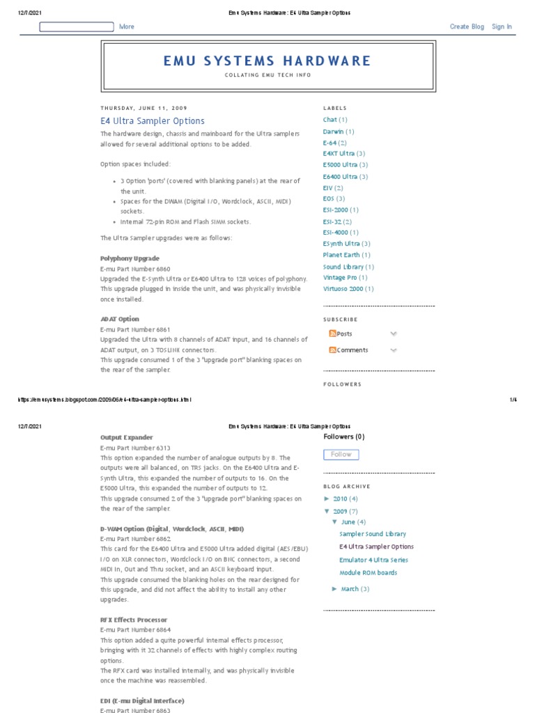Emu Systems Hardware - E4 Ultra Sampler Options | PDF