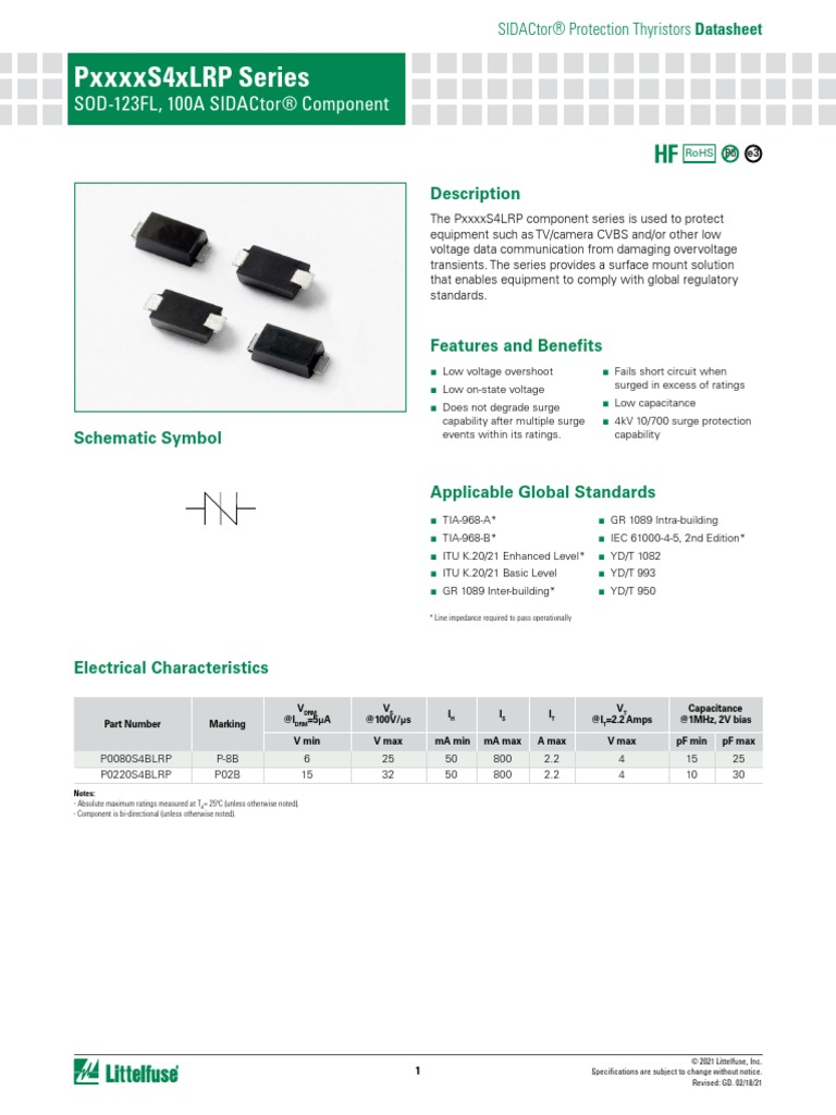 Littelfuse SIDACtor PxxxxS4xLRP Datasheet pdf-1623197 | PDF | Electrical Engineering | Electricity