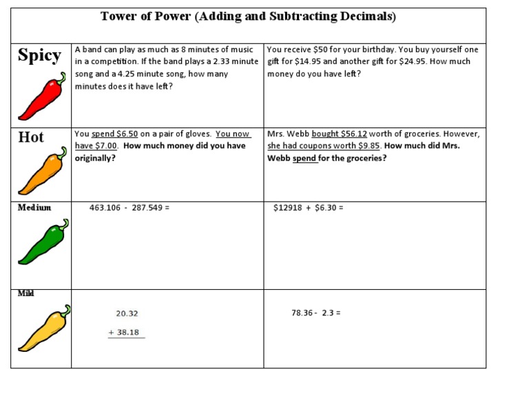 Tower of Power (Adding and Subtracting With Decimals) Level 1 | PDF