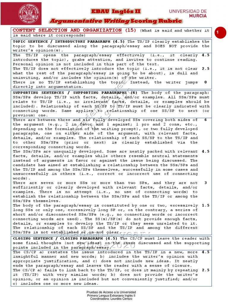 EBAU2020 Inglés - Task 5 - Argumentative Writing - Scoring Rubric | PDF | Punctuation | Essays