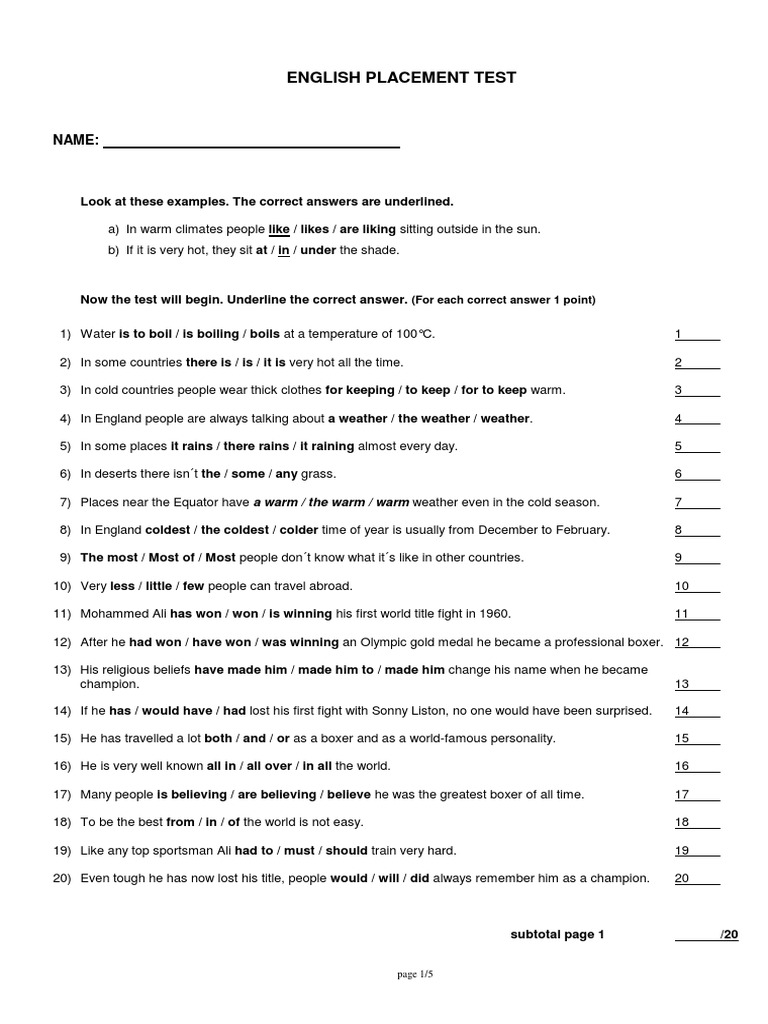 EnglIsh Placement Test and Answer Key | PDF | Weather | Airplane