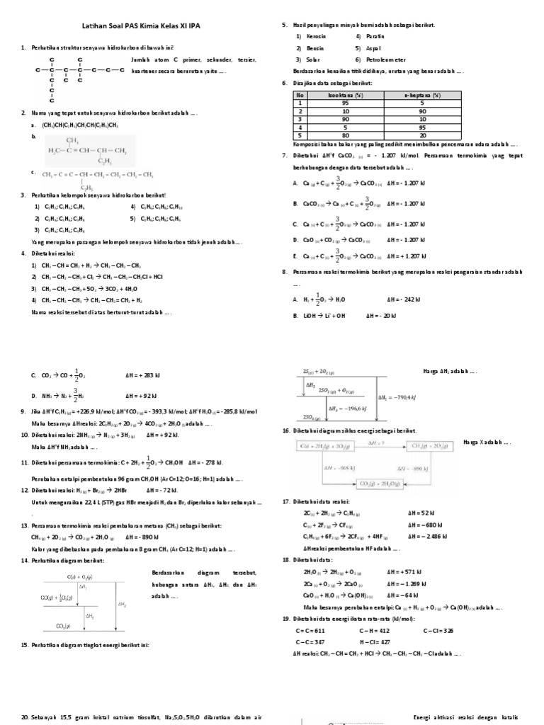 Soal Latihan Pas Kimia Kelas 11 Tahun 2022 | PDF