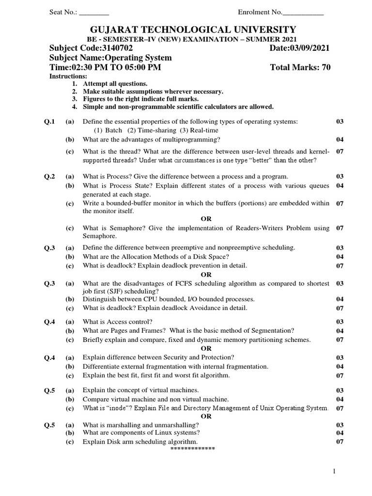 GTU BE-SEMESTER-IV Operating System Exam Summer 2021 | PDF