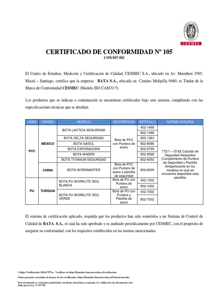 Certificado Cesmec Bata Industrials PVC - Pu Abril 2022 - 105 | PDF