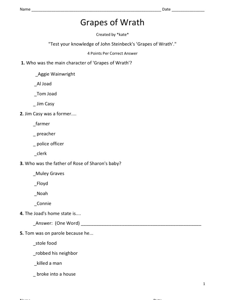 Grapes of Wrath Quiz | Download Free PDF | Violence