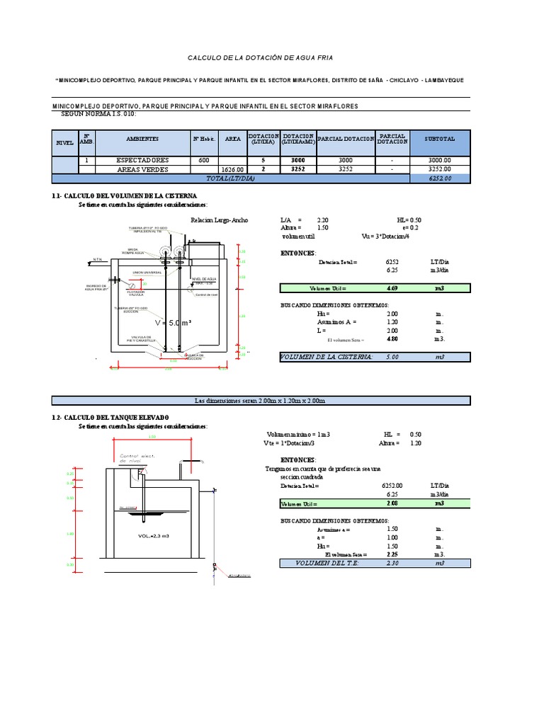 Calculo de Cisterna y Tanque Elevado | PDF