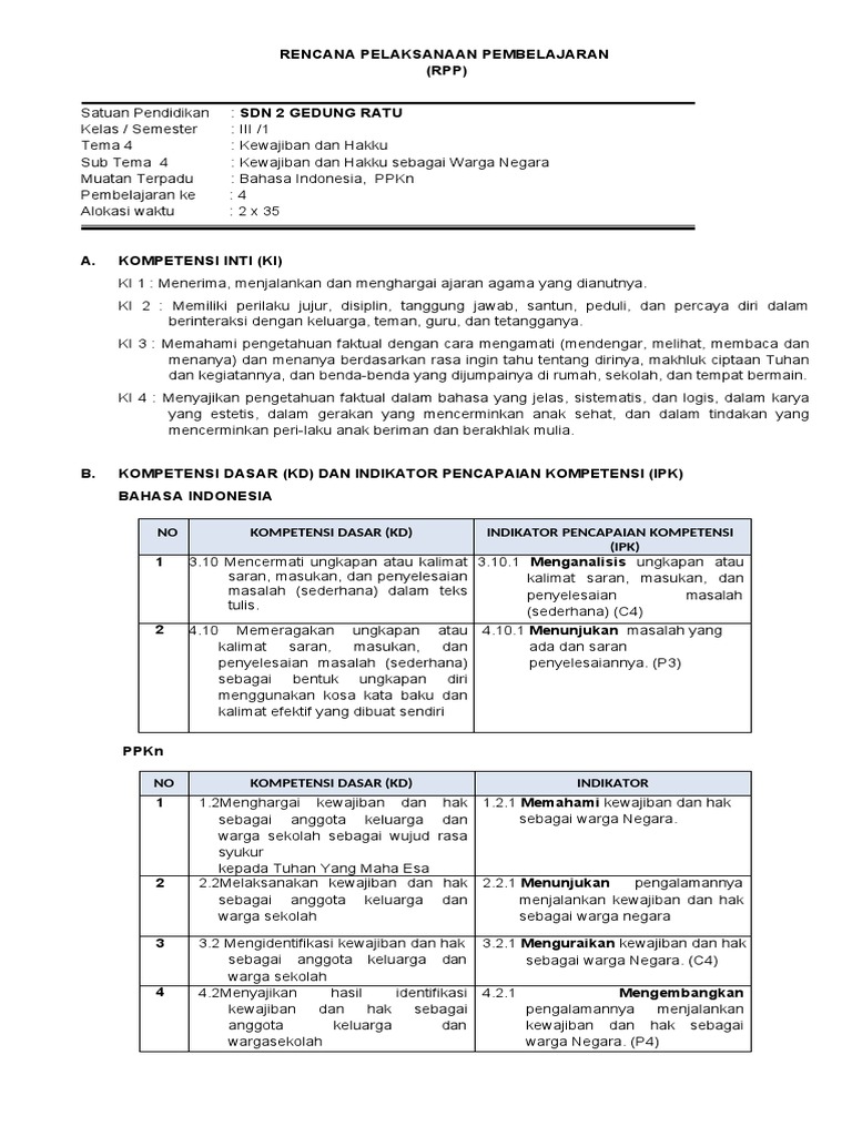 RPP Kls 3 Tema 4 ST 4 PB 4 Jadi | PDF | Karier & Perkembangan | Seni & Disiplin Bahasa