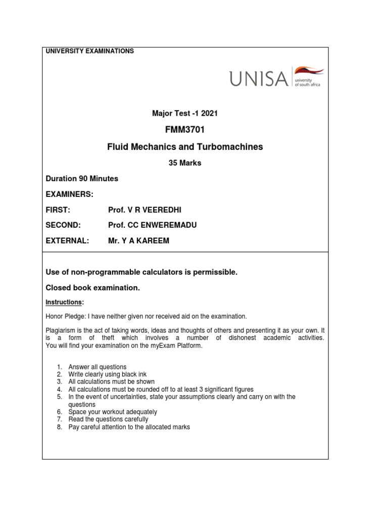 Fluid Mechanics Exam FMM3701 2021 | PDF