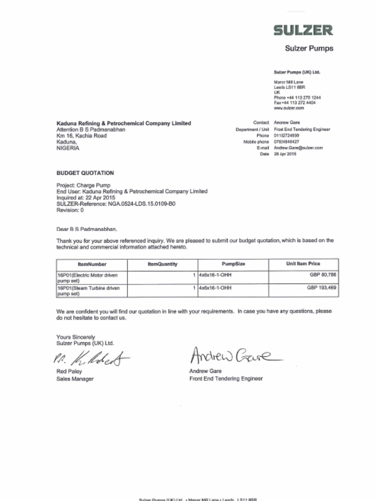 16P01 Pump Quotation NGA.0524-LDS.15.0109-B0 | PDF | Pipe (Fluid ...