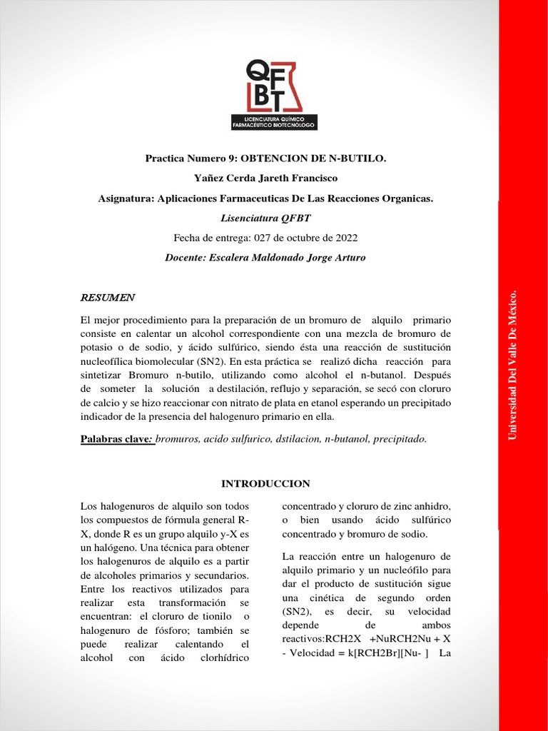 Practica Numero 9 OBTENCION DE N-BUTILO. | PDF | Química | Ciencias fisicas
