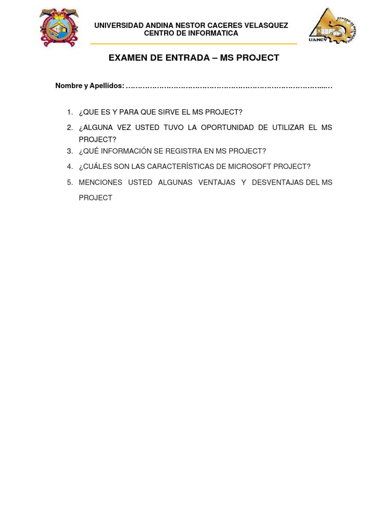 Examen de Entrada sobre MS Project | PDF | Informática