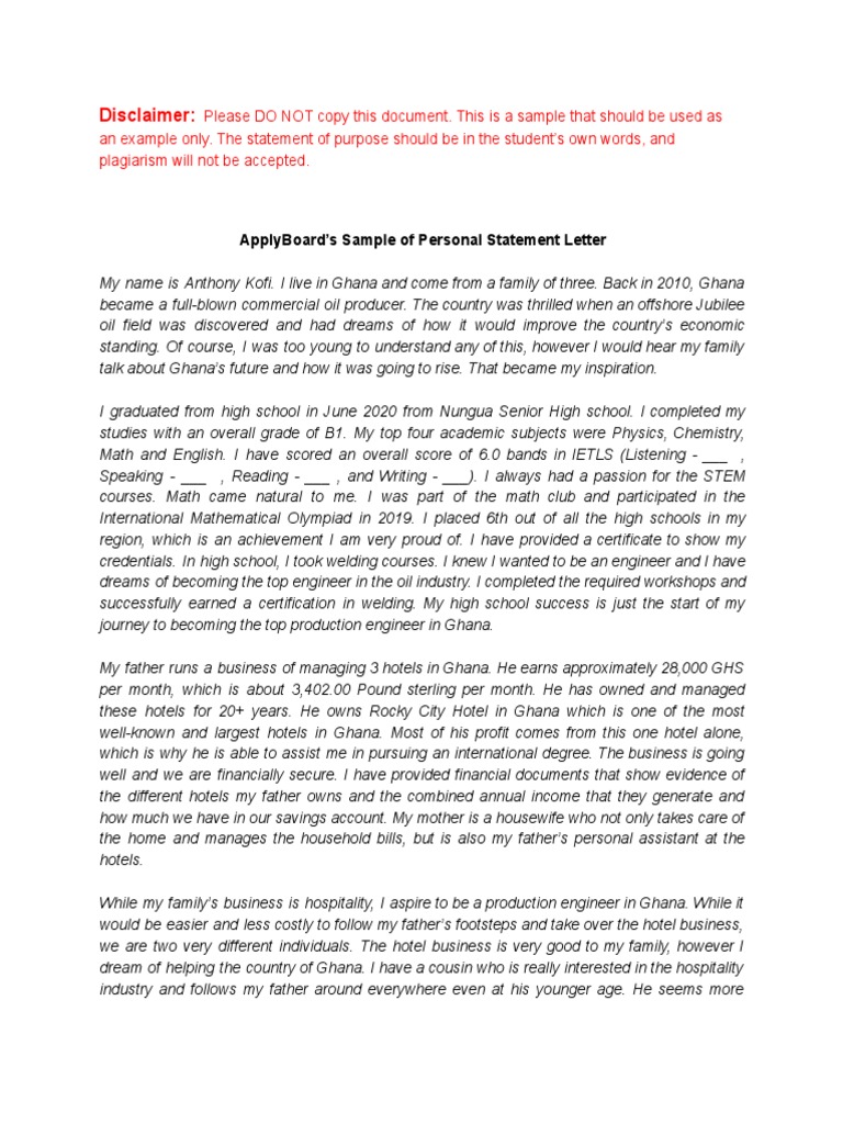 Sample - ApplyBoard Personal Statement UK - Docx | PDF | Cost Of Living | University