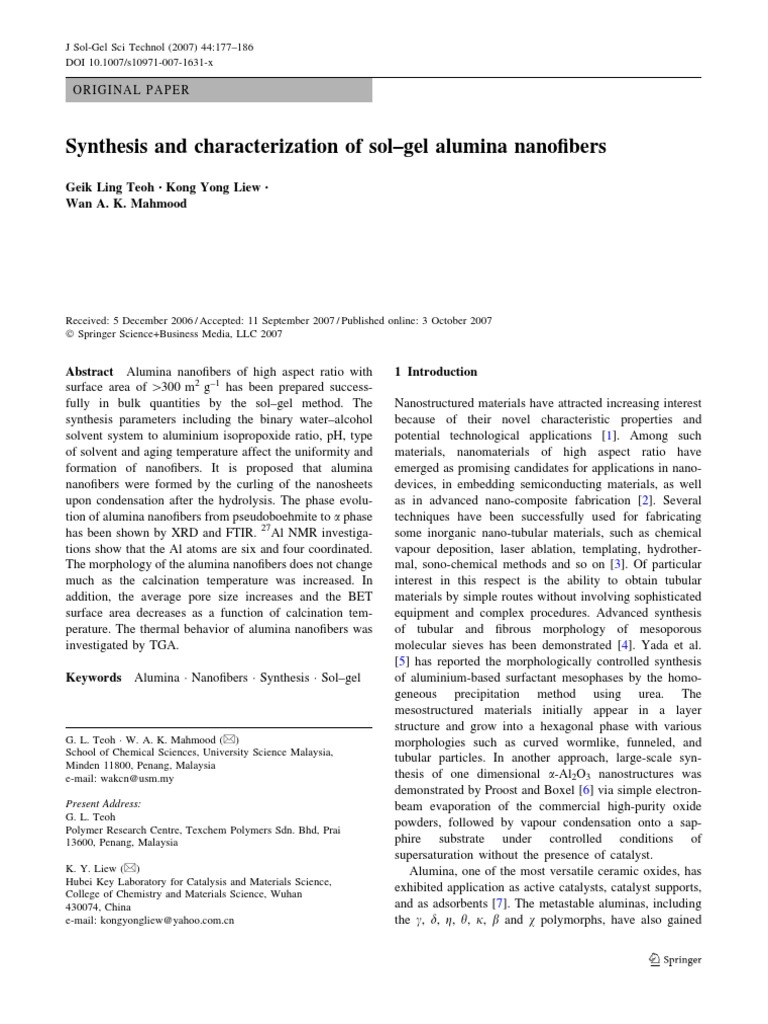 Synthesis and Characterization of Sol-Gel Alumina Nanofibers | PDF | Aluminium Oxide | Adsorption