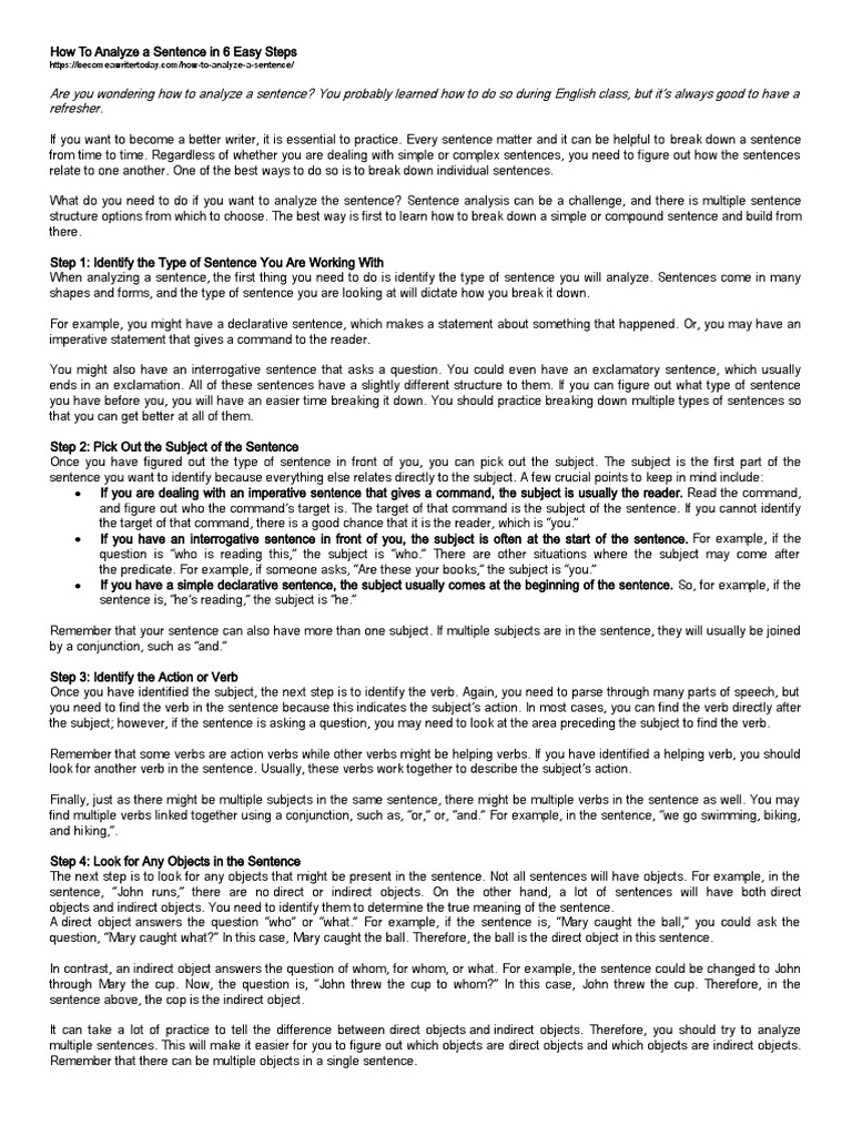 How To Analyze A Sentence in 6 Easy Steps | PDF | Subject (Grammar ...