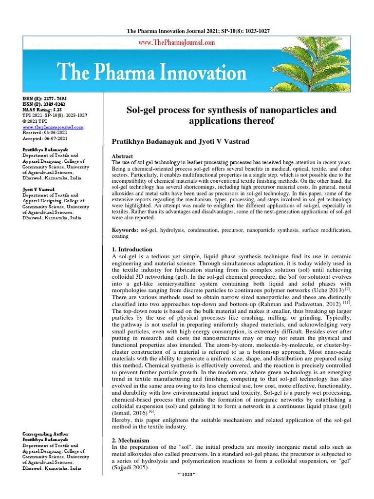 Sol-Gel Process For Synthesis of Nanoparticles and Applications Thereof ...