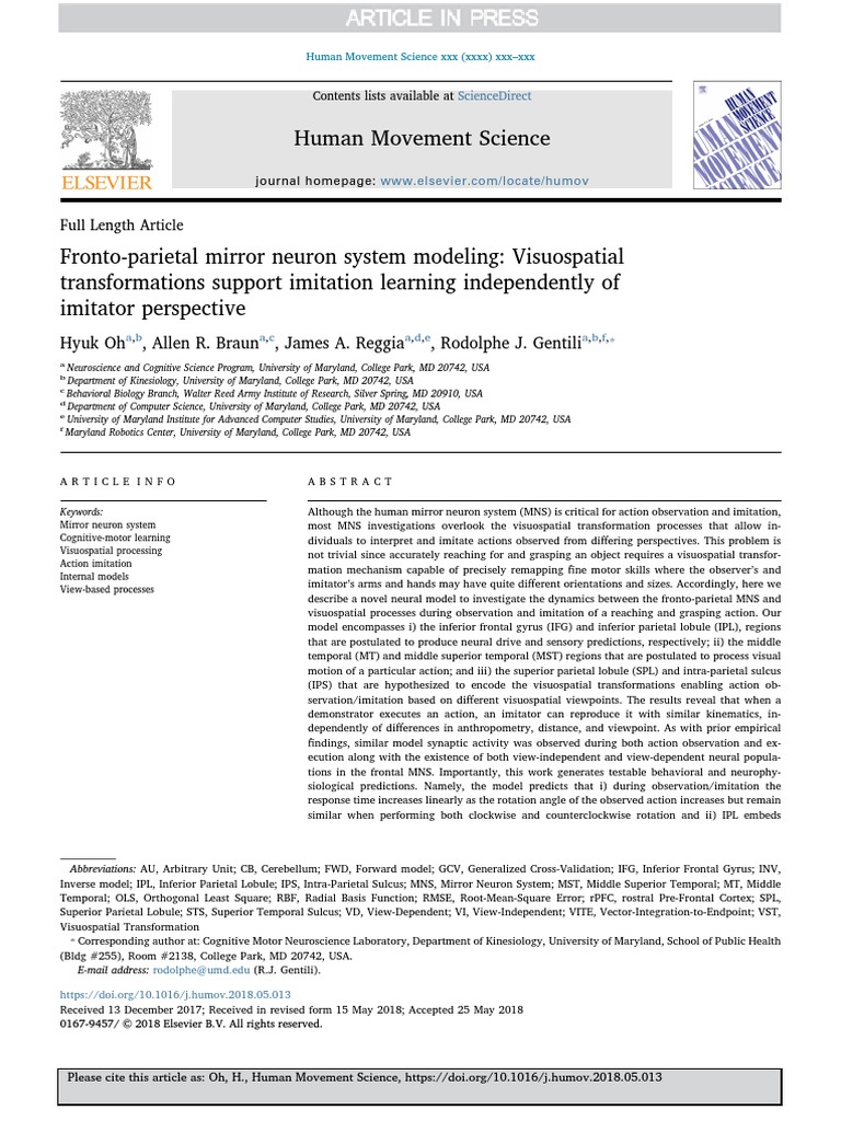 Fronto-Parietal Mirror Neuron System Modeling: Visuospatial Transformations Support Imitation ...