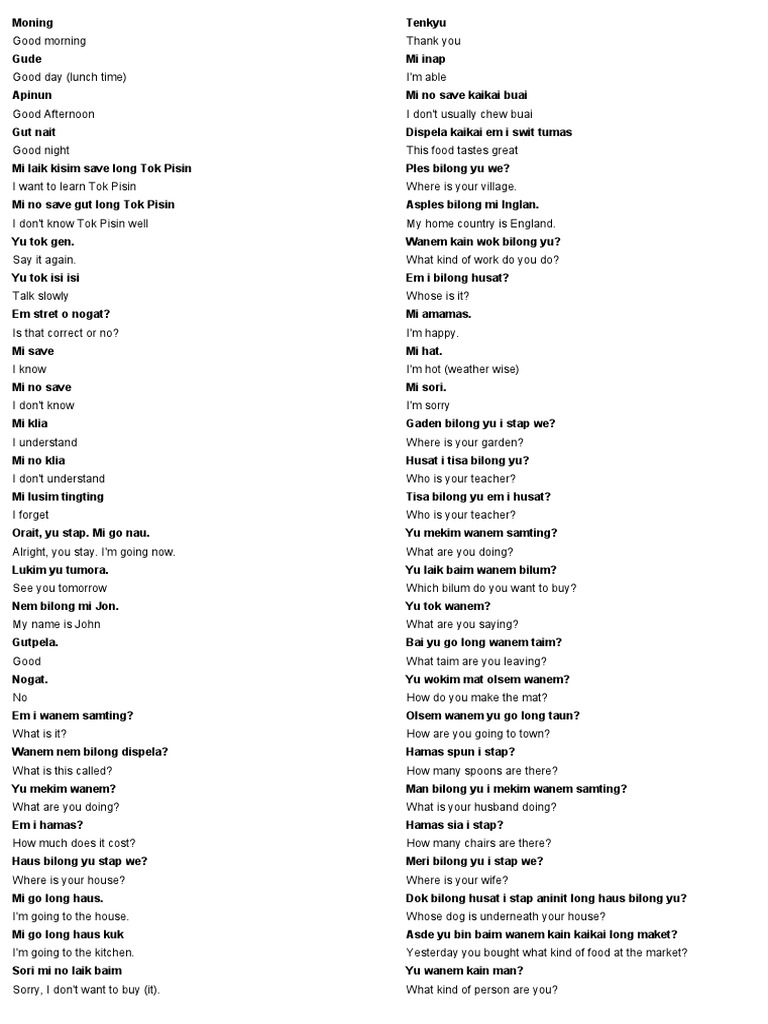 Tok Pisin Words Phrases | PDF