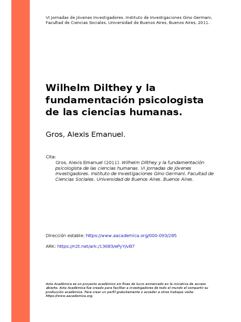 Wilhelm Dilthey y La Fundamentación Psicologista de Las Ciencias ...