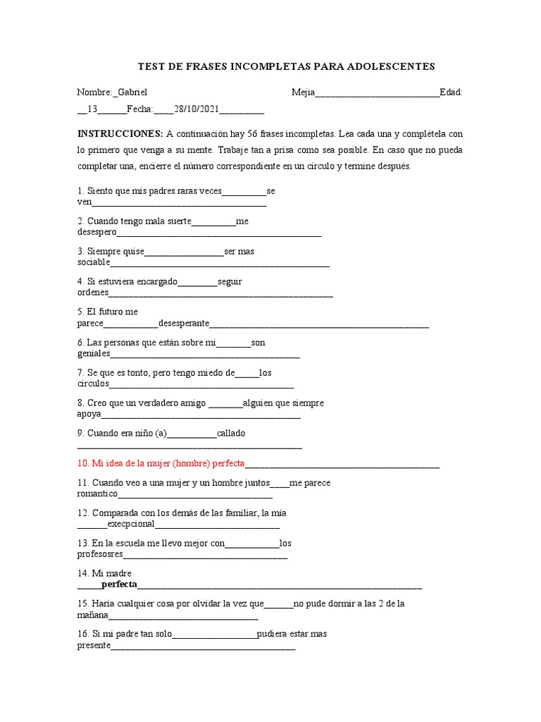 Test de Frase Incompletas de Sacks Adole | PDF