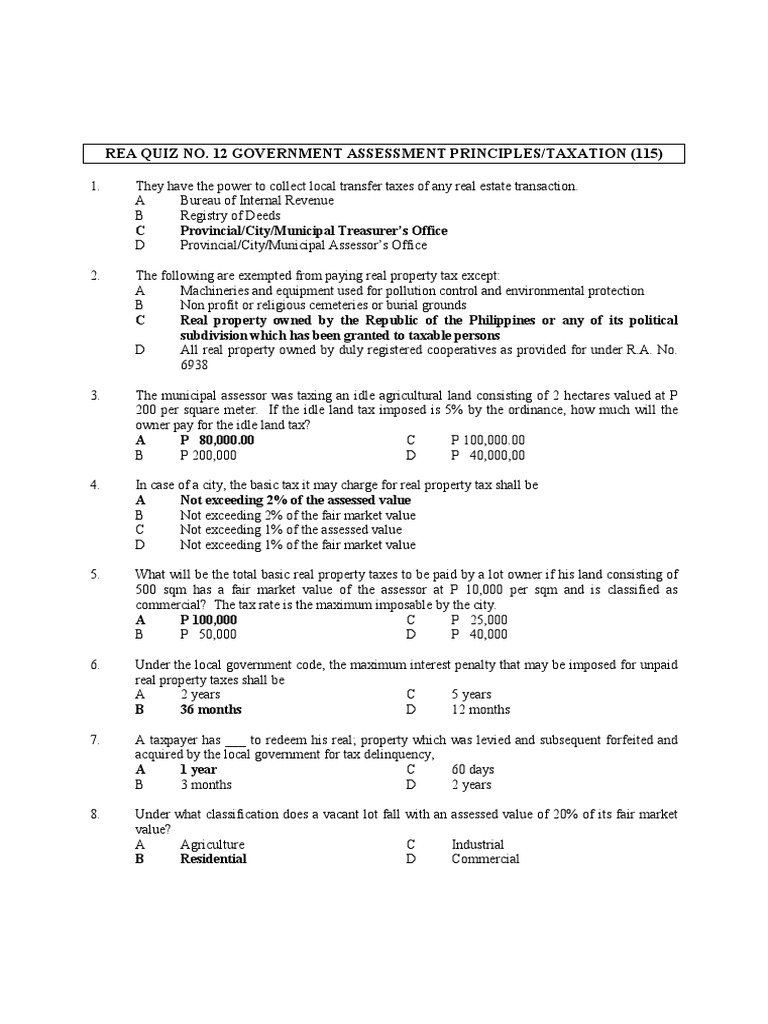 Quiz Government Assessment Principles & Taxation | PDF | Finance ...