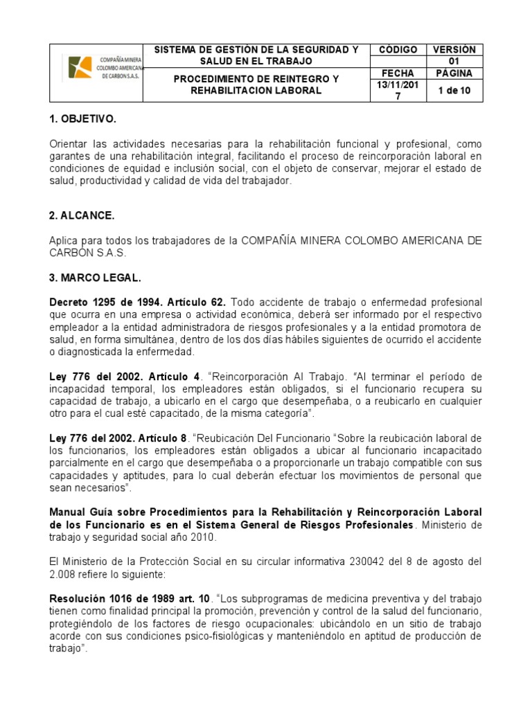 Procedimiento de Reintegro y Rehabilitacion Laboral | PDF | Invalidez | Trastorno mental