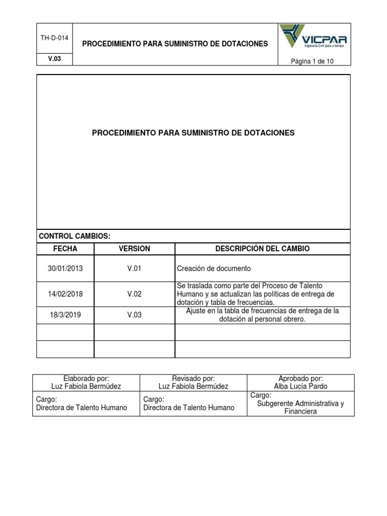 TH-D-014 Procedimiento para Suministro de Dotaciones V.03 | PDF ...