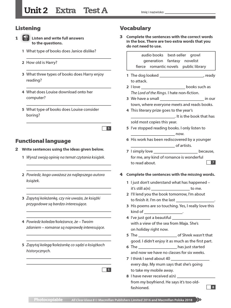 All Clear kl8 Unit2 Extra Test A | PDF