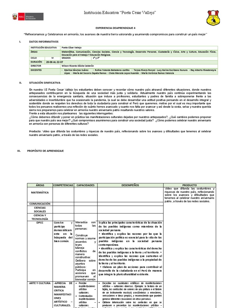 EDA 4 - 1° y 2° - VI CICLO ...... CUARTA SESION.... Incluido DPCC | PDF