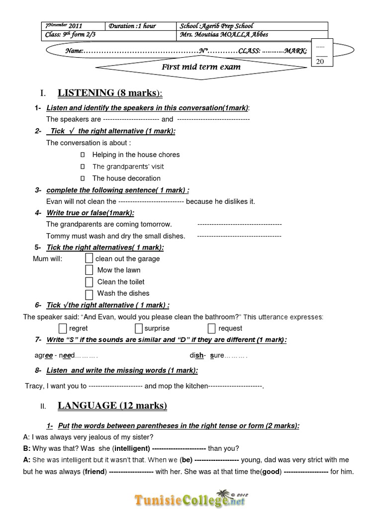 Devoir de Contrôle N°1 - Anglais - 9ème (2011-2012) Mme Moutiaa Abbes | PDF