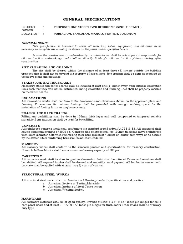 General Specifications for a Proposed Two-Bedroom House | PDF | Masonry ...