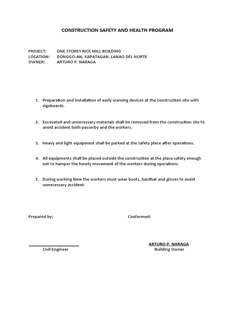 Construction Safety Program for Rice Mill | PDF | Technology & Engineering