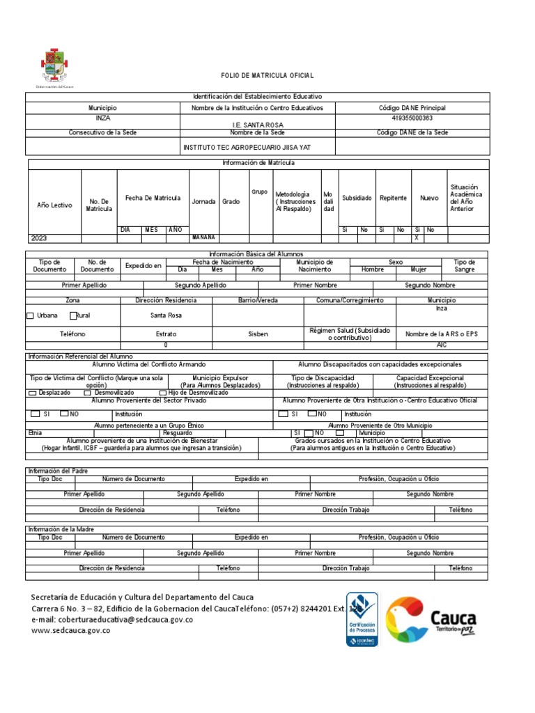 Formato Hoja de Matricula 2023 | PDF