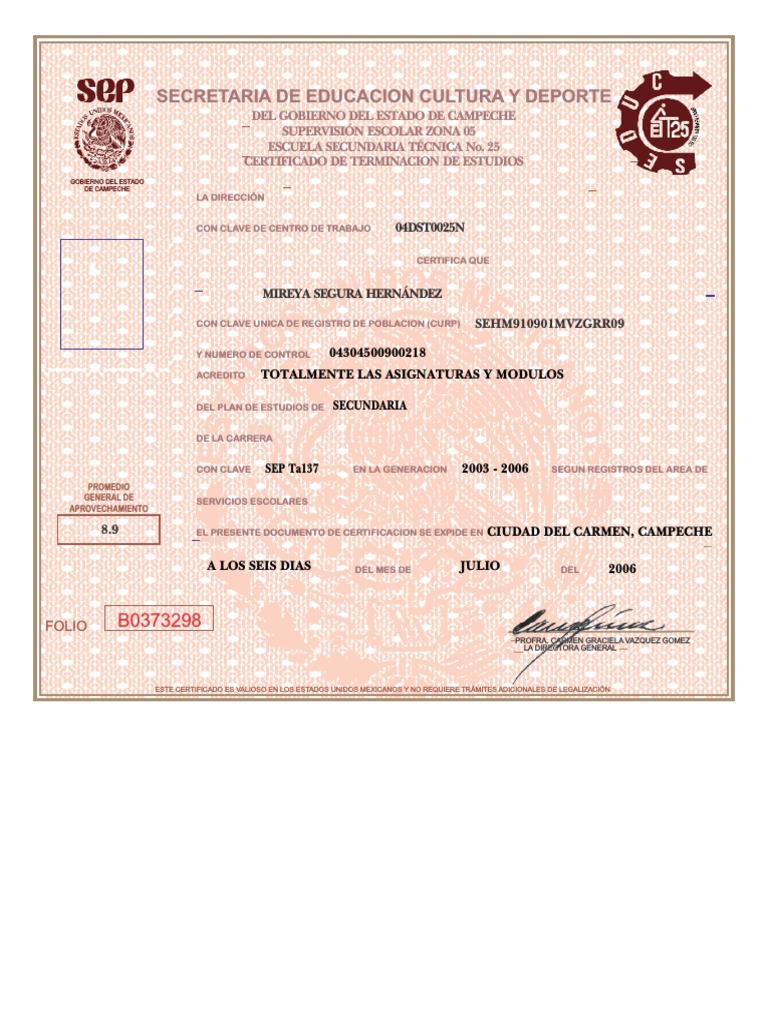 Certificado SECUNDARIA | PDF