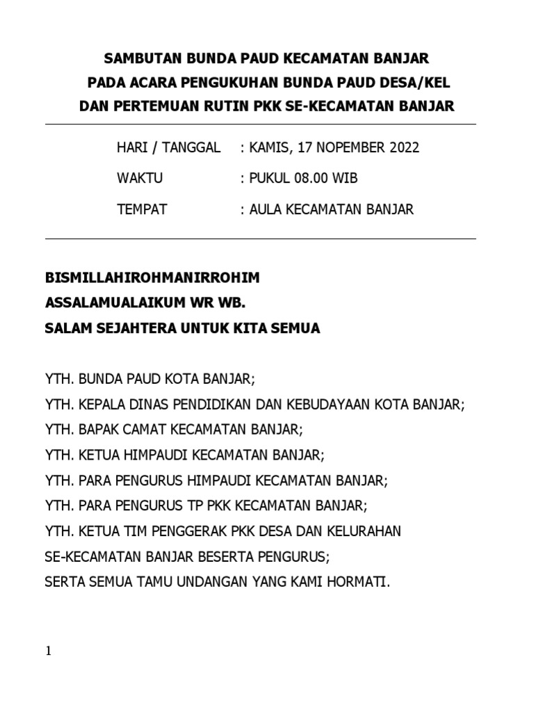 Sambutan Bunda Paud Acara Pengukuhan Bunda Paud | PDF Sambutan Bunda Paud Acara Pengukuhan Bunda Paud | PDF
