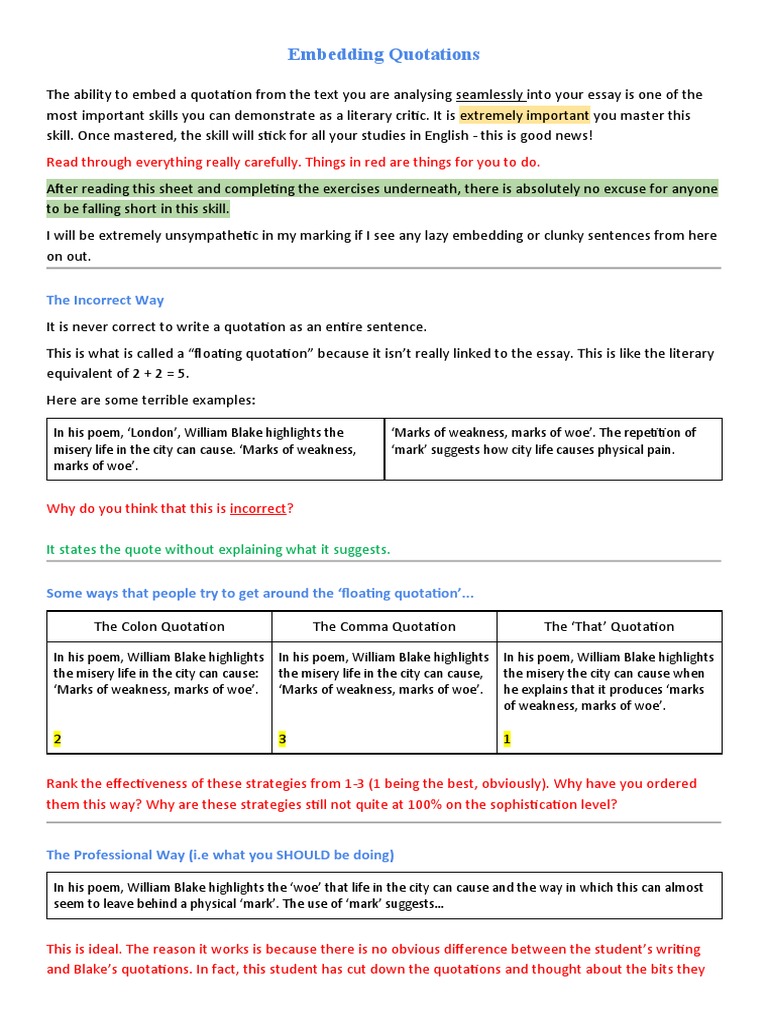 Embedding Quotations Worksheet | PDF